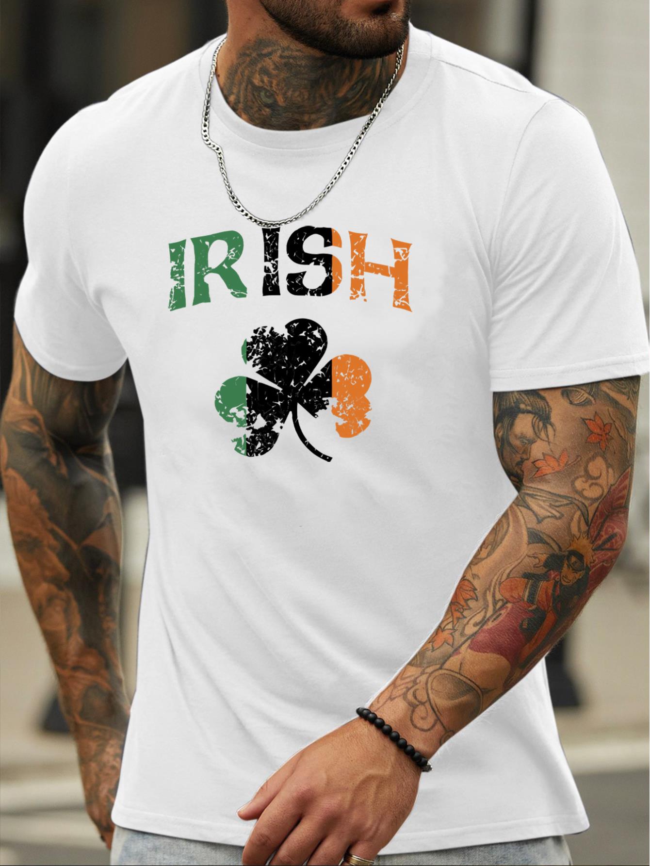 Clover Graphic Irish Print T-shirt, Tees For Men, Breathable Street ...