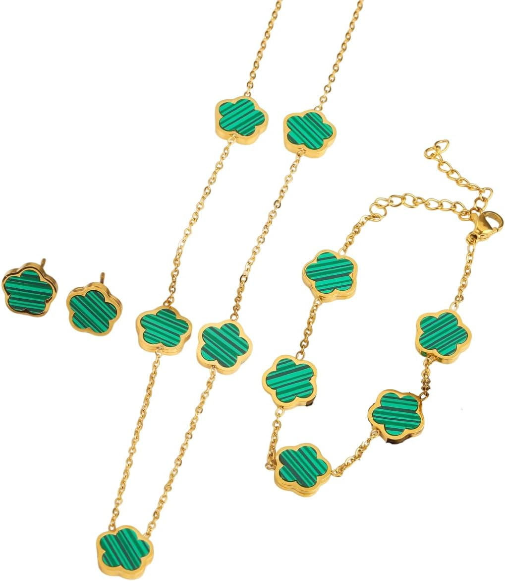 Clover Jewelry Set 18K Gold Plated Stainless Steel Necklace with Flower ...
