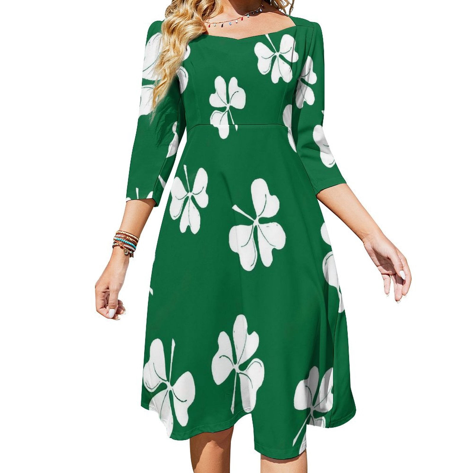 Clover Leaf Hand Drawn Doodle Sweetheart Knot Flared Dress Fashion ...