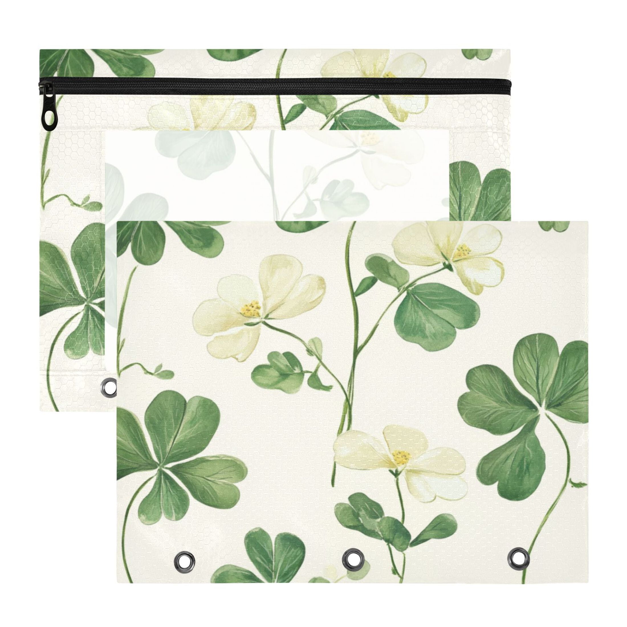 Clover Leaves White Florals 3-Ring Binder Pouches A4 Size Zipper Pocket ...