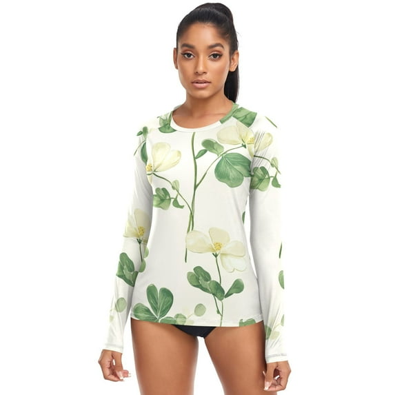 Clover Leaves White Florals Women's Rash Guard Shirts UPF 50+ Sun ...