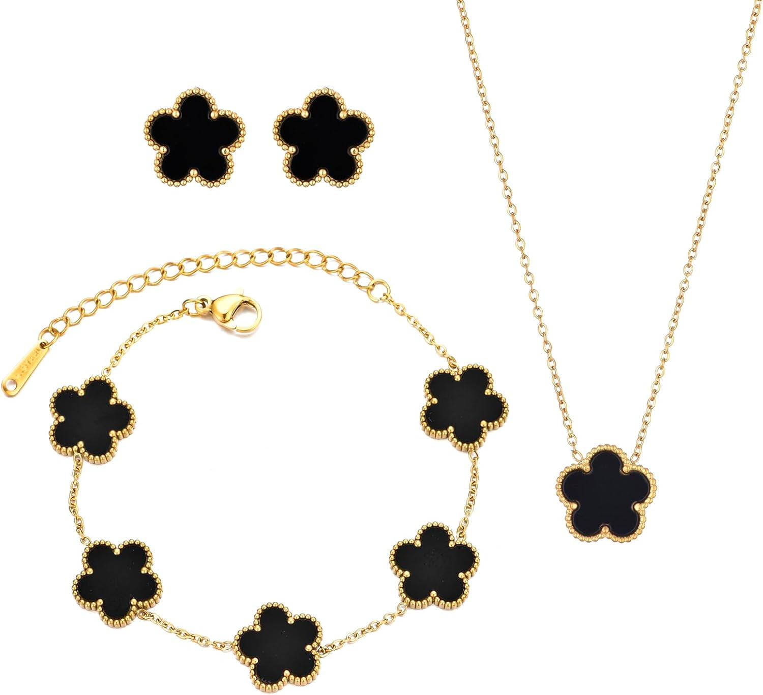 Clover Neckalce Earring Set for Women 14K Gold Plated Stainless Steel ...