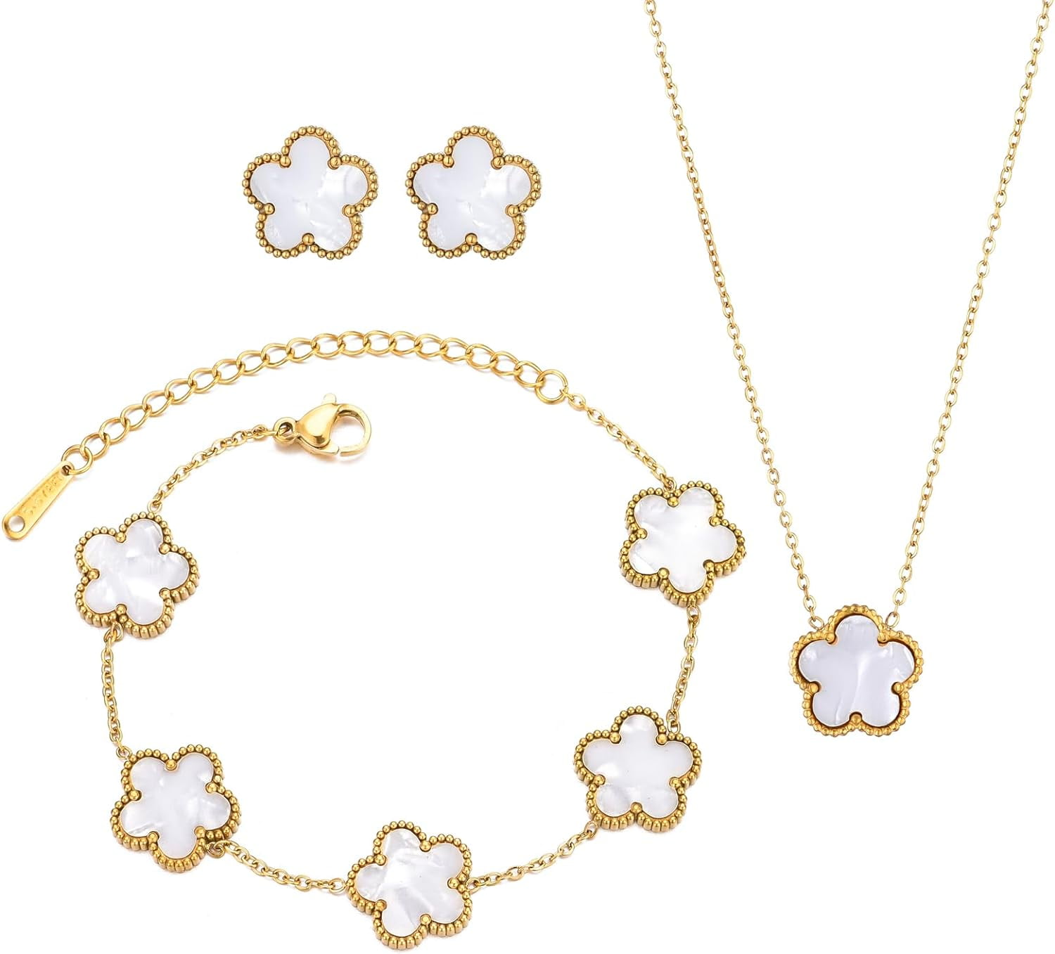 Clover Neckalce Earring Set for Women 14K Gold Plated Stainless Steel ...