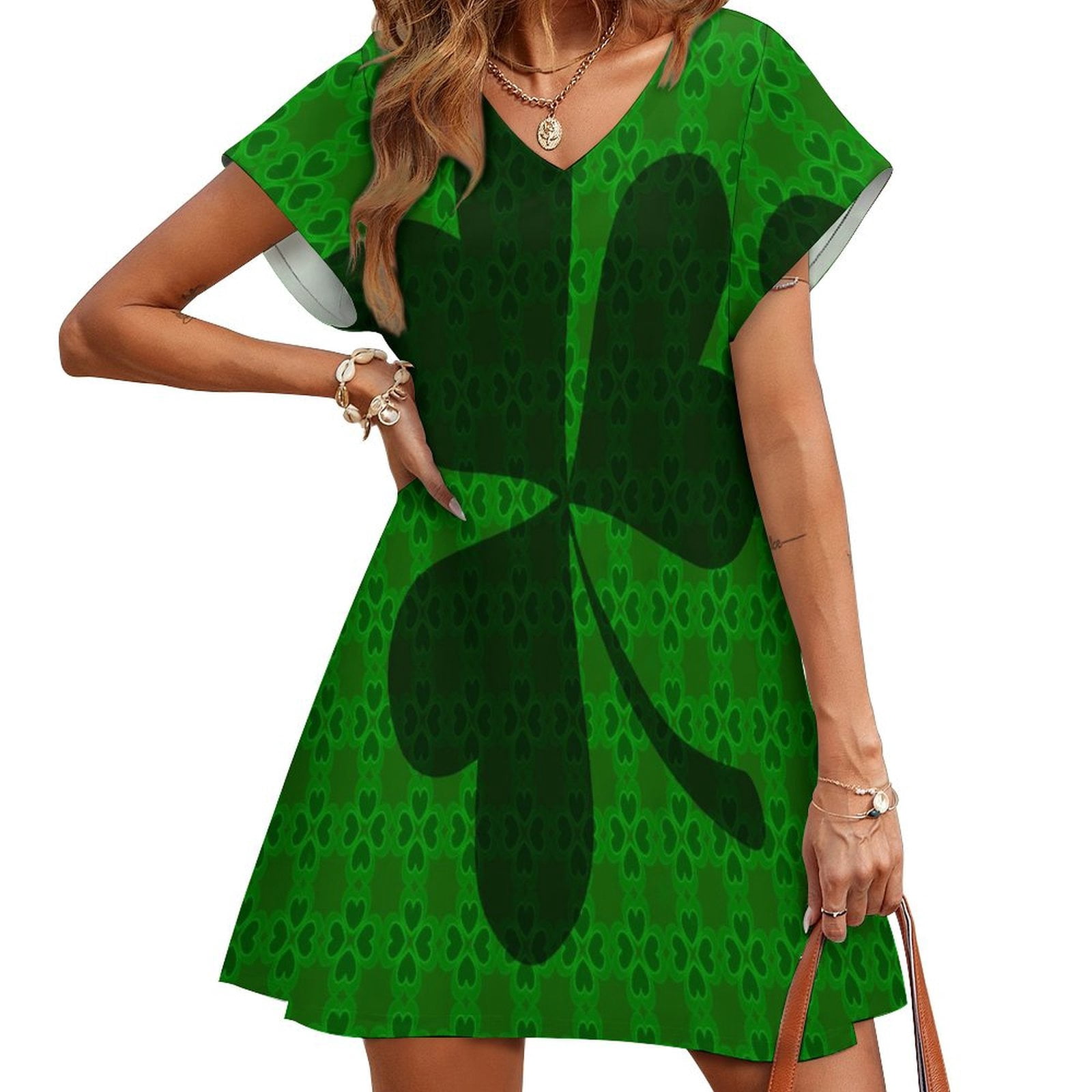 Clover Pattern Ladies Summer Short Sleeve Fashion Dress V Neck Loose ...