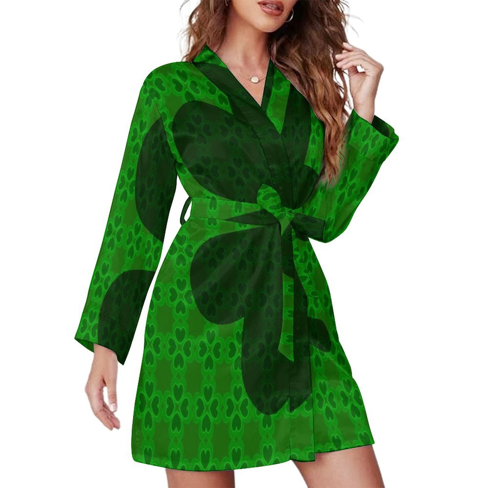 Clover Pattern Night Robe Long Sleeve V Neck Robe With Belt Women's ...
