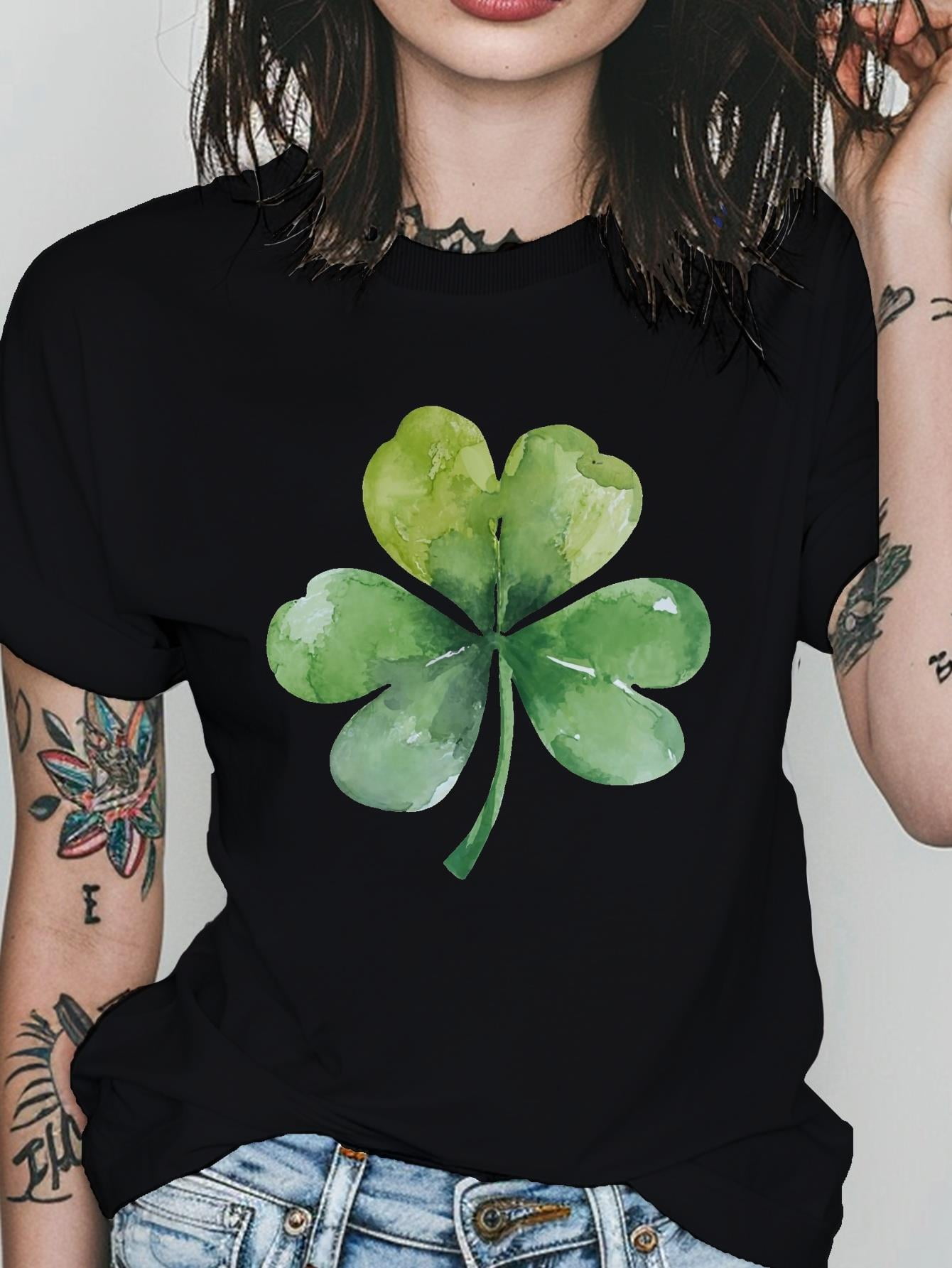 Clover Print Crew Neck T-Shirt, Casual Short Sleeve T-Shirt For Spring ...