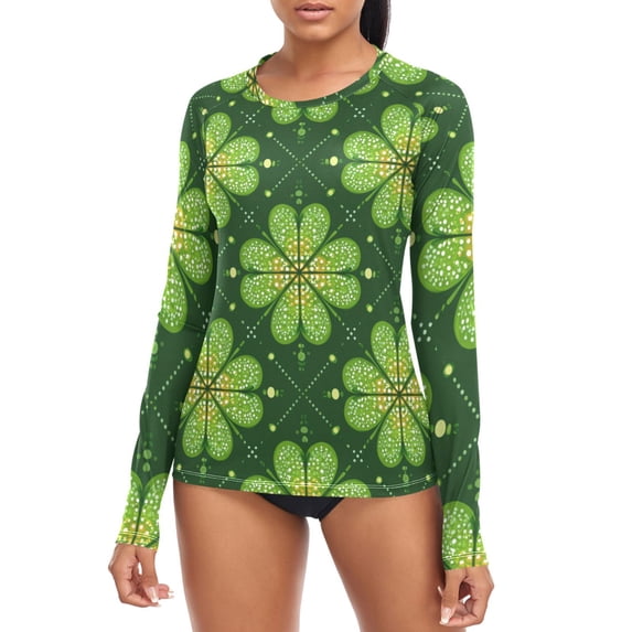 Clovers on Grids St Patricks Day Women's Rash Guard Shirts UPF 50+ Sun ...