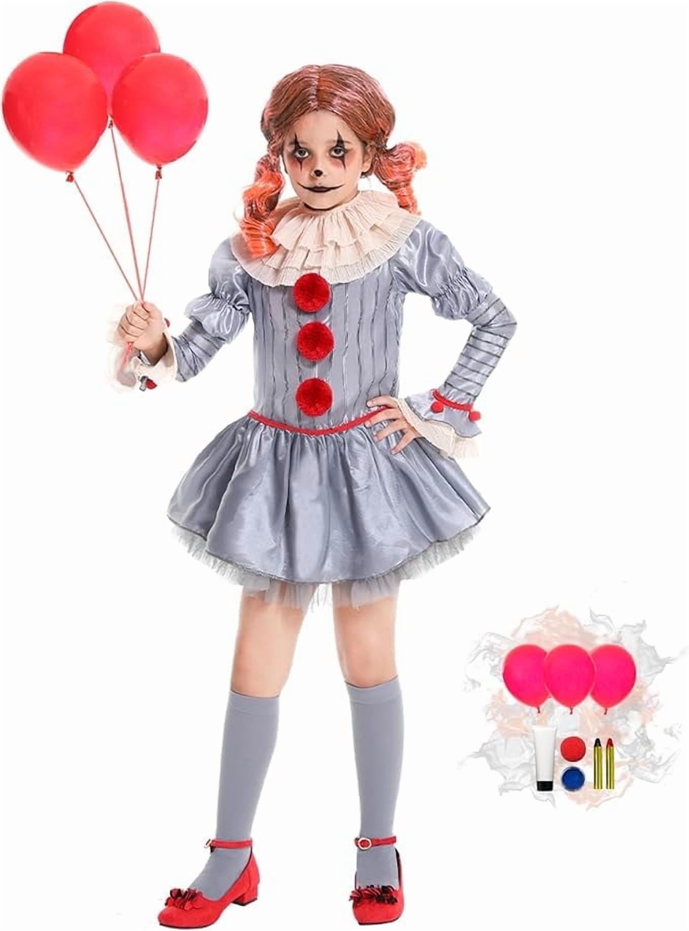 Scary Clown Costume for Girls, Halloween Outfit with Balloons & Makeup ...
