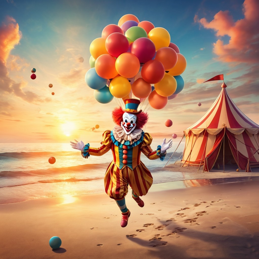 Clown Jumping On A Beach During Sunset Including A Circus Tent, Balls ...