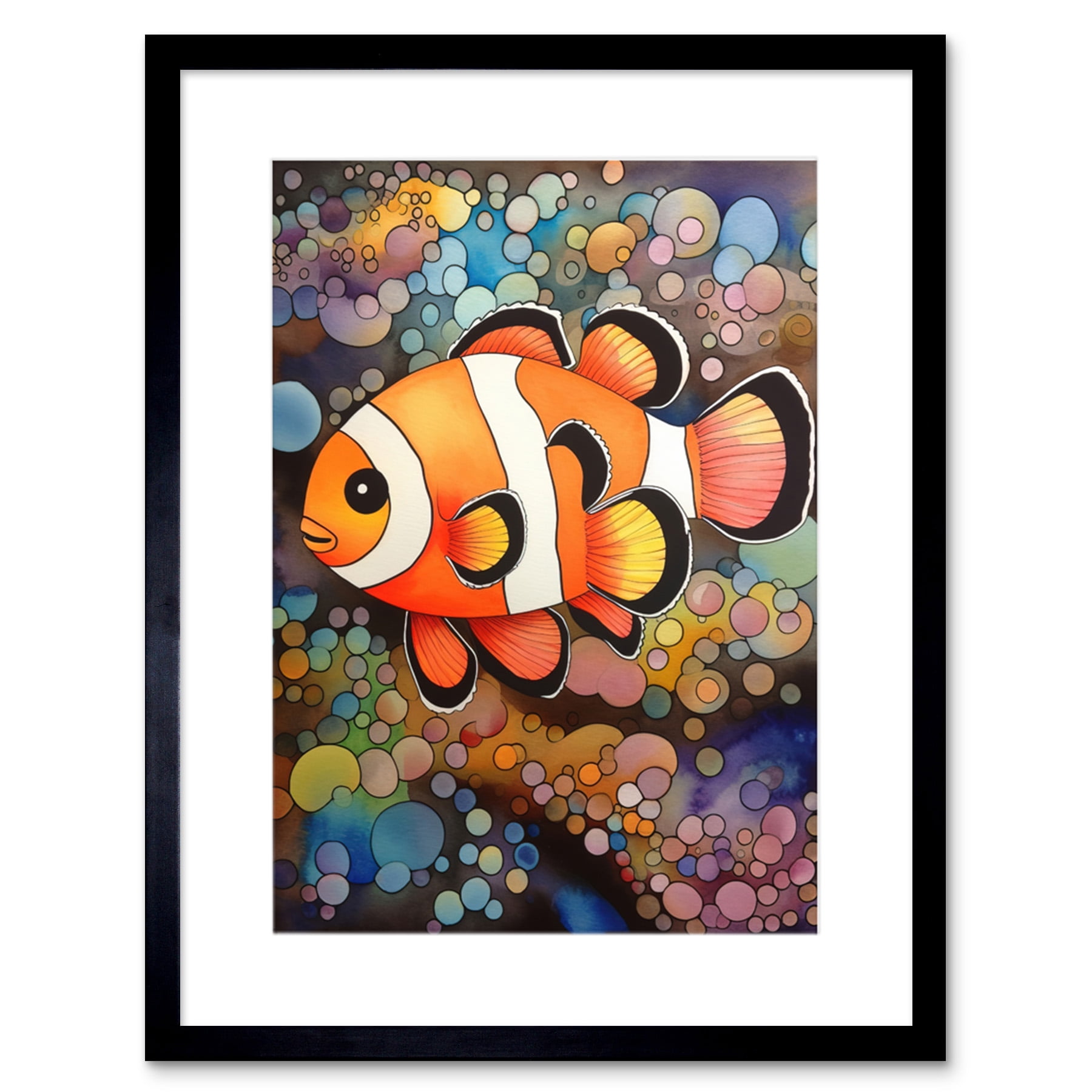 Clownfish In Colourful Bubbles Folk Art Watercolour Painting Artwork ...