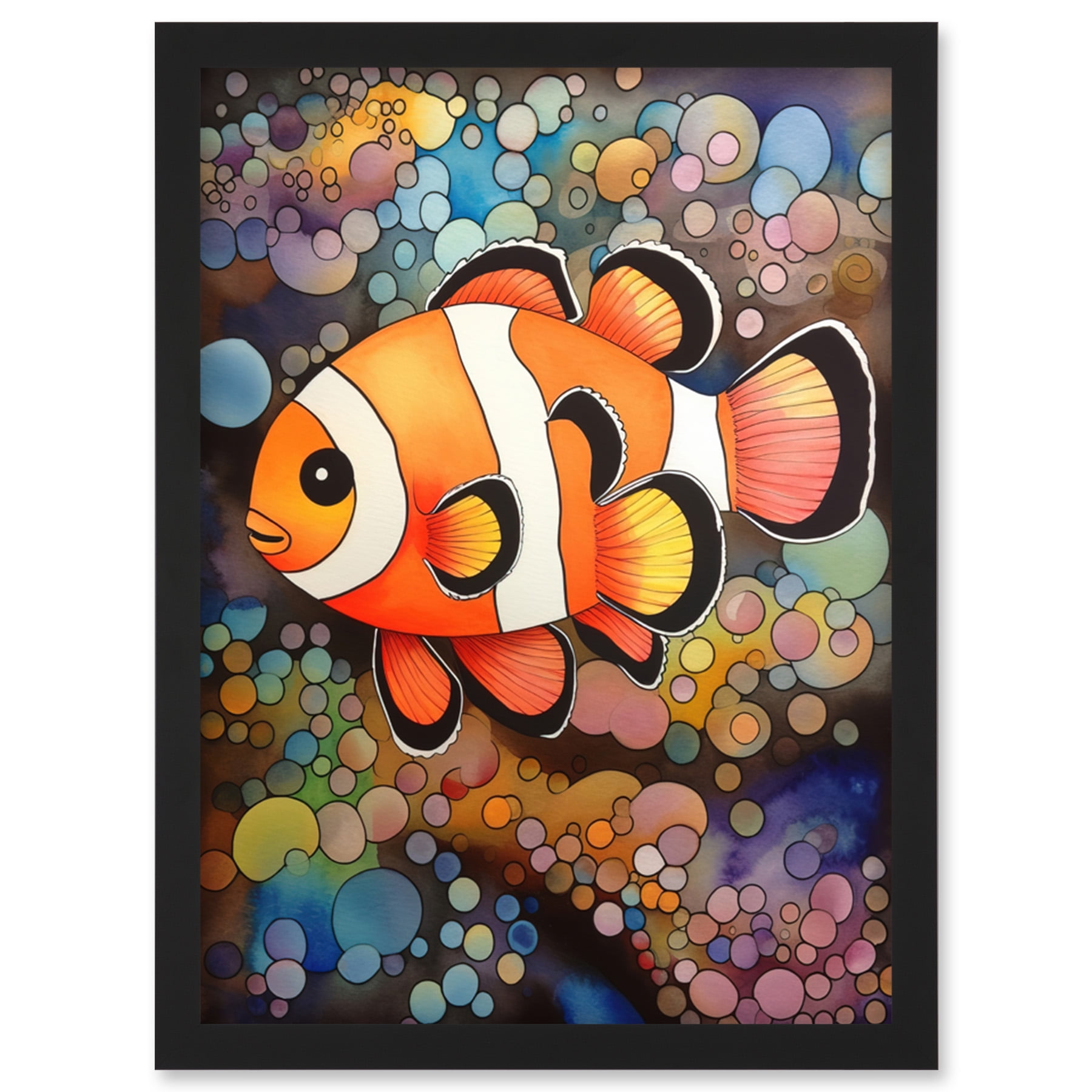 Clownfish In Colourful Bubbles Folk Art Watercolour Painting Artwork ...