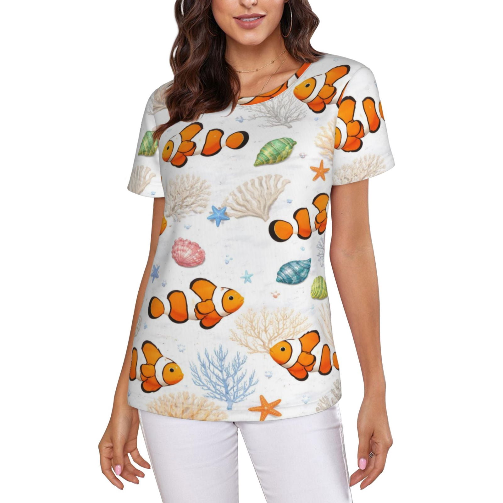 Clownfish Ocean Art T-Shirt Crew Neck Short Sleeve Full-Print for Women ...