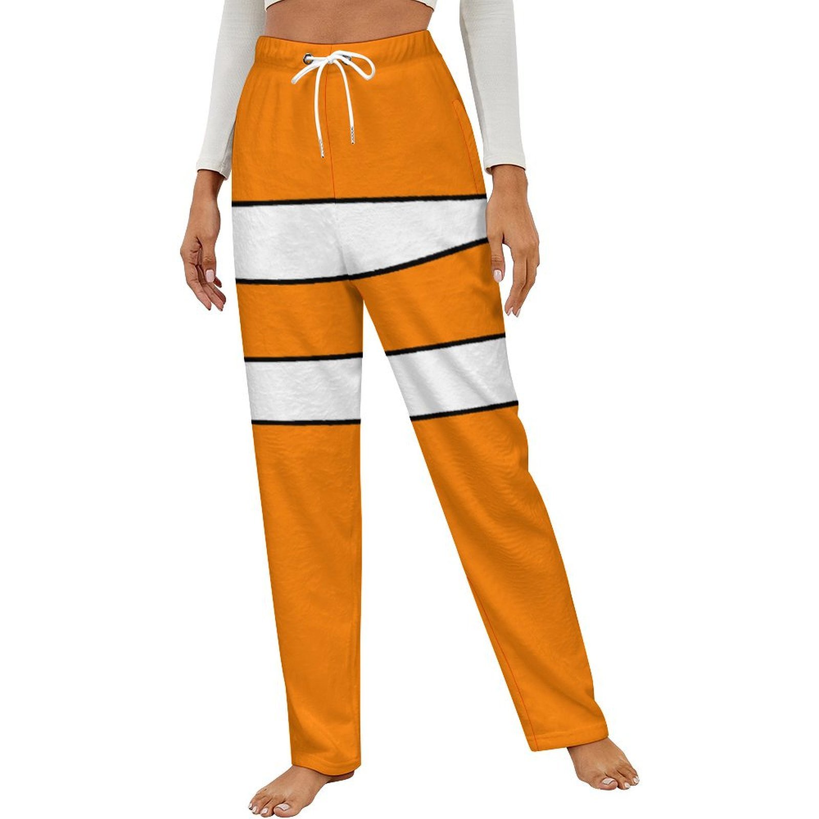 Clownfish Pattern Orange White Winter Female Pants Flannel High Waist ...
