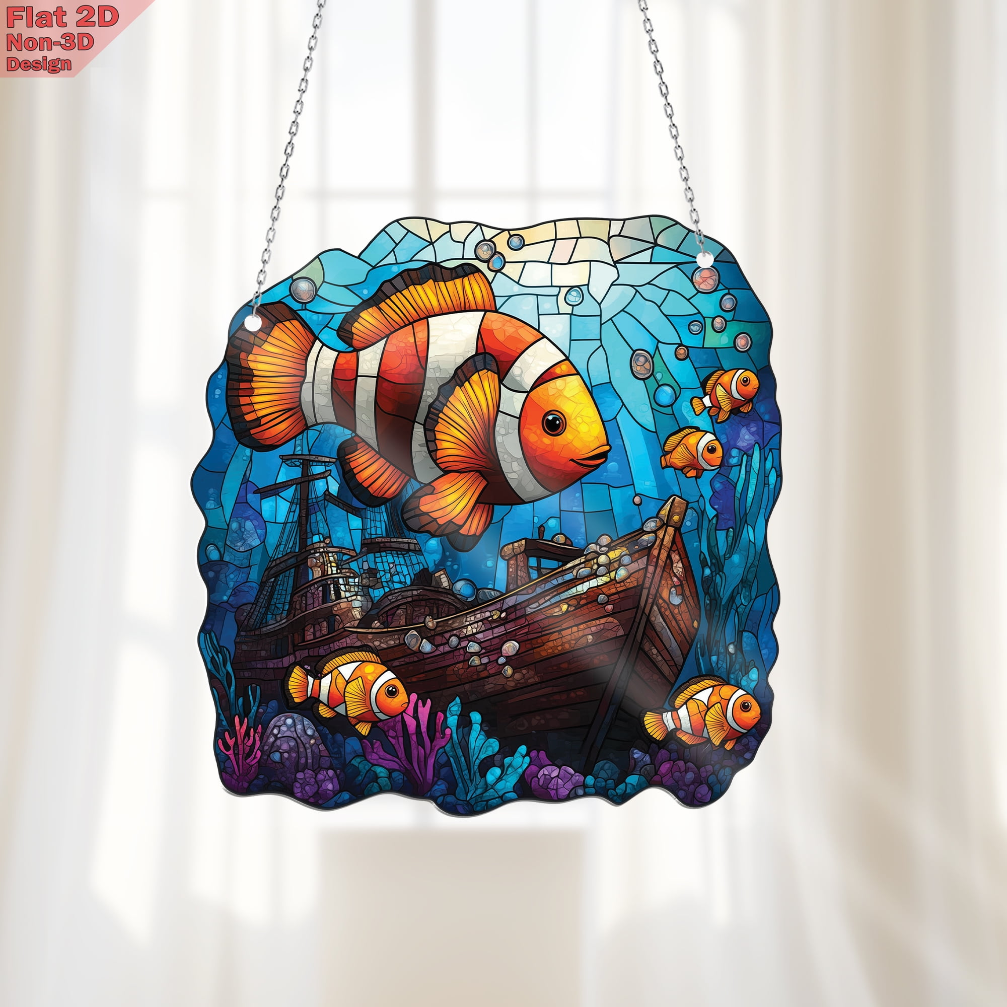 Clownfish and Shipwreck Acrylic Window Hanging, Stained Glass Style ...
