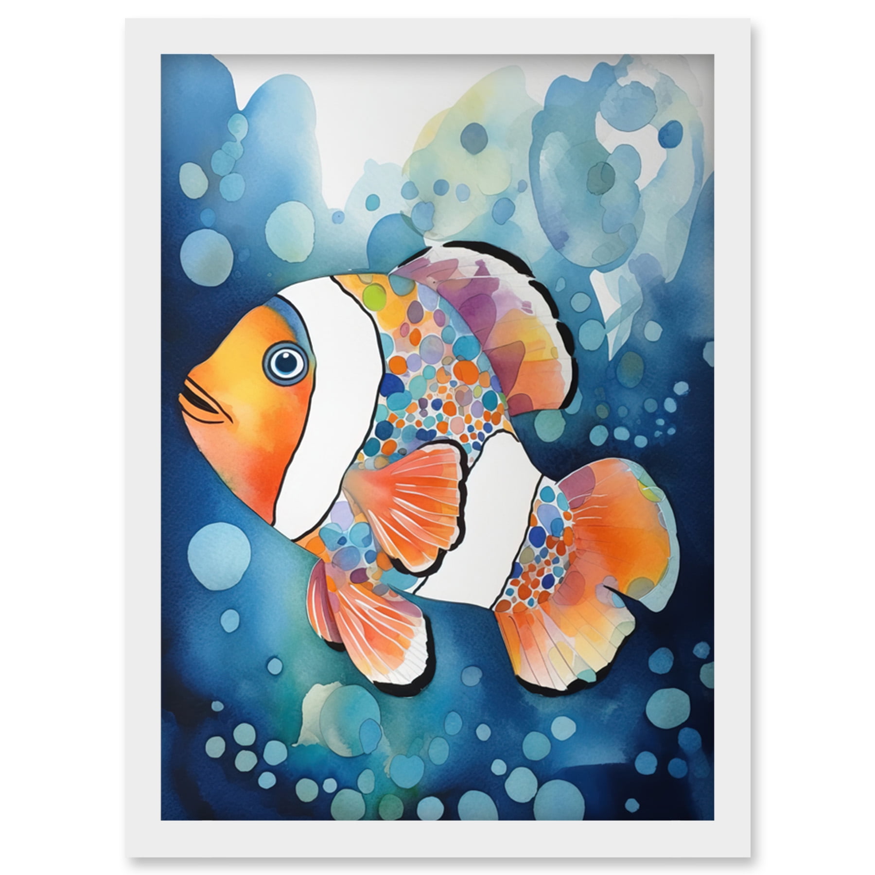Clownfish With Multicoloured Spot Pattern Folk Art Watercolour Painting ...