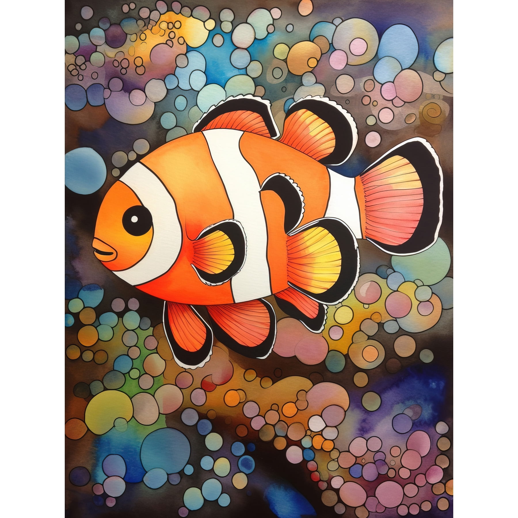 Clownfish in Colourful Bubbles Folk Art Watercolour Painting Extra ...