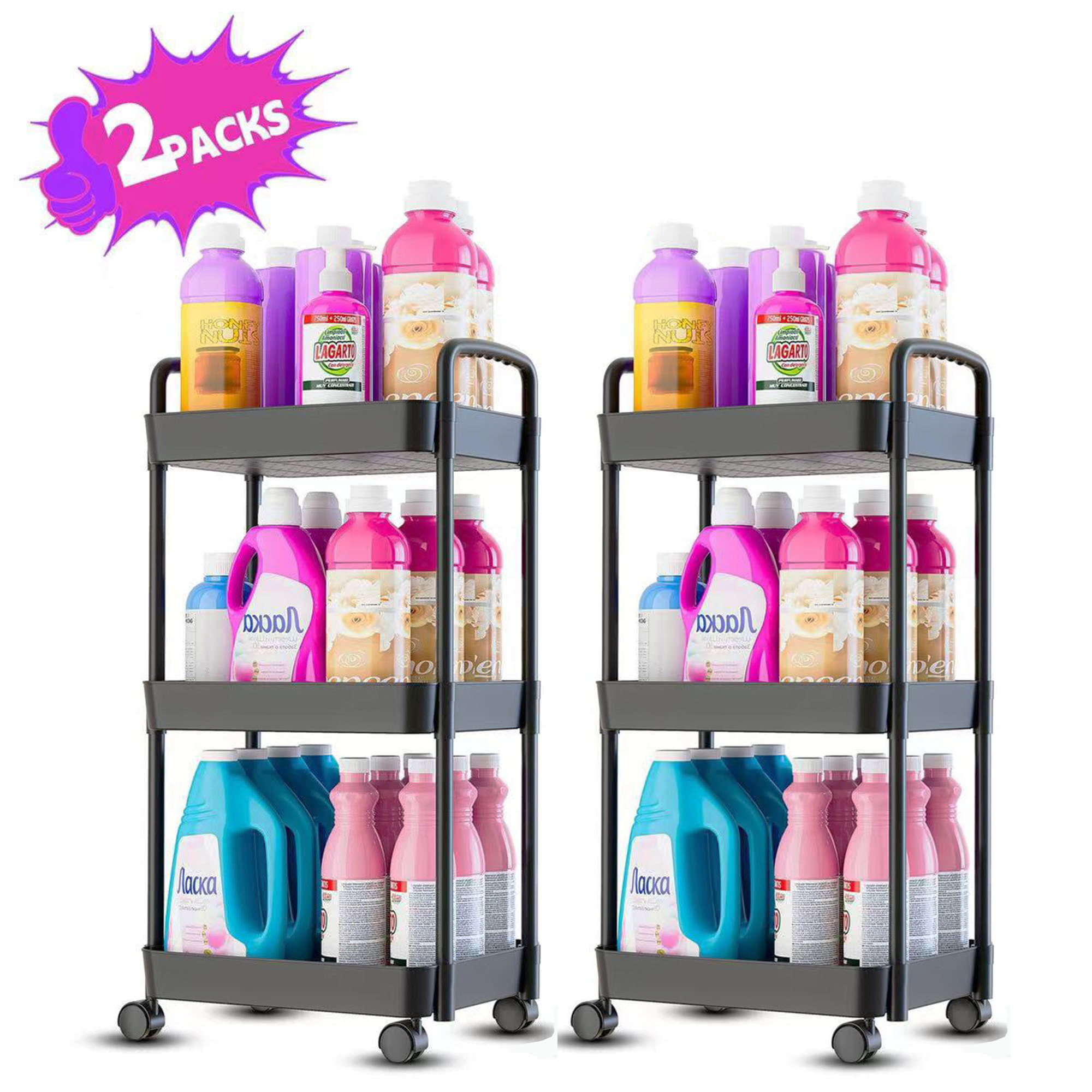 ClozOrg 2 Pcs 3-Tier Rolling Utility Cart, Mobile Storage with Drawer ...