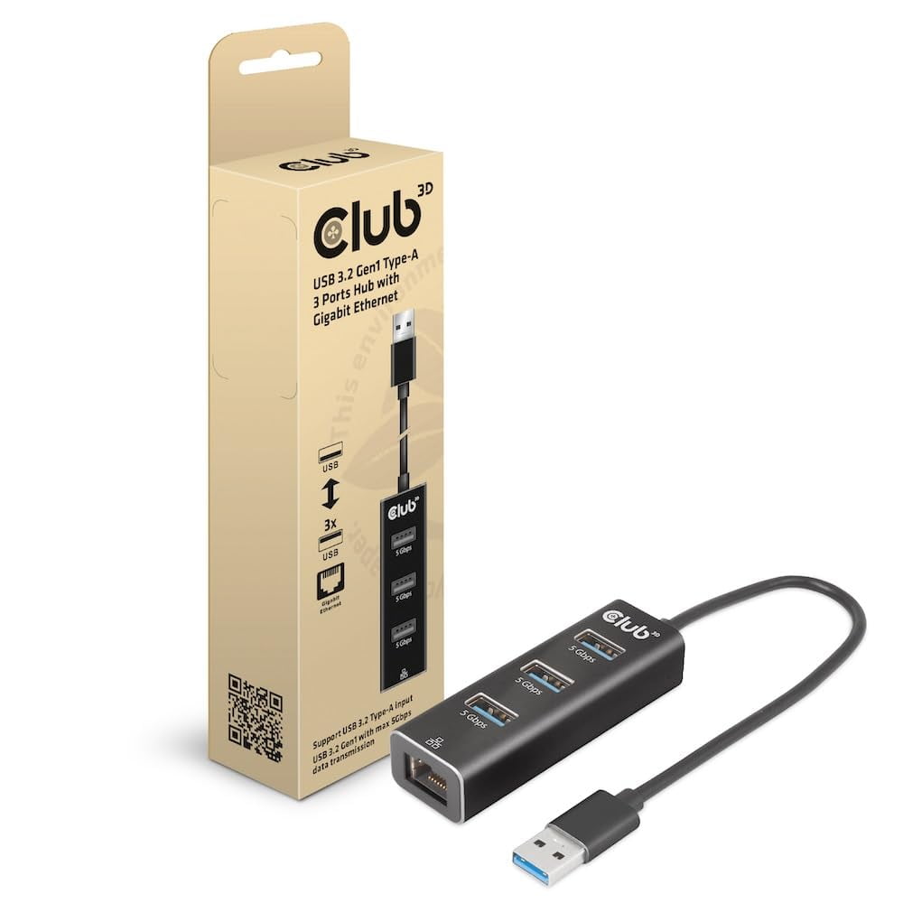 Club 3D CSV-1430A USB 3.2 Gen1 Type-A, 3 Ports Hub with Gigabit Ethernet - Walmart.com