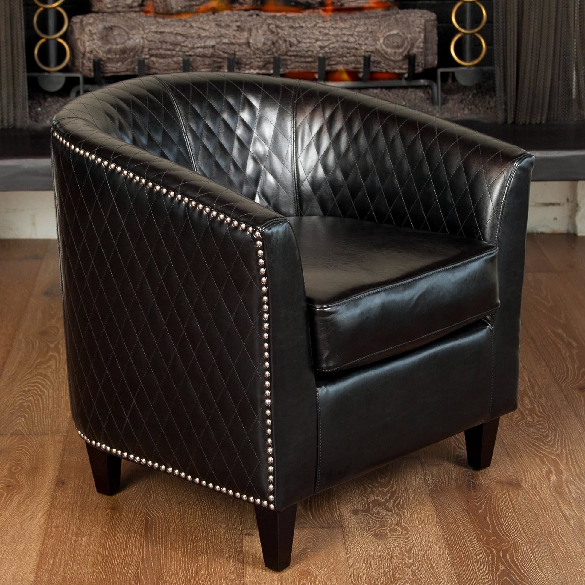 Club Chair, Black Faux Leather Armchair With Dark Stained Legs And ...