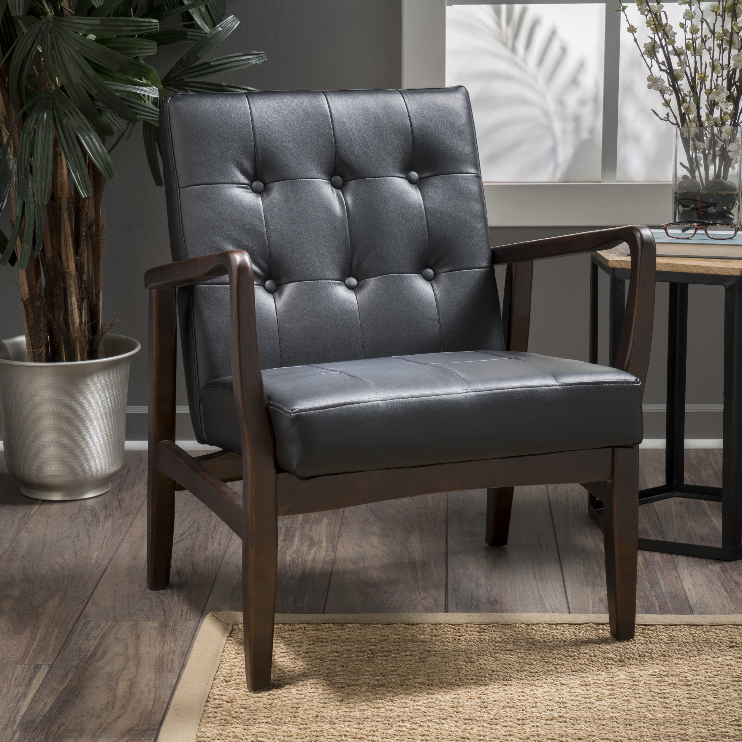 Club Chair, Mid Century Modern Faux Leather Club Chair With Wood Frame ...