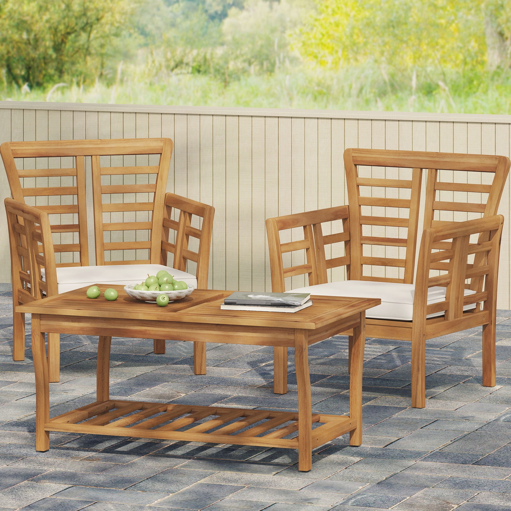 Club Chairs with Table / Acacia Wood, Slat Panel Design, Brown Color ...