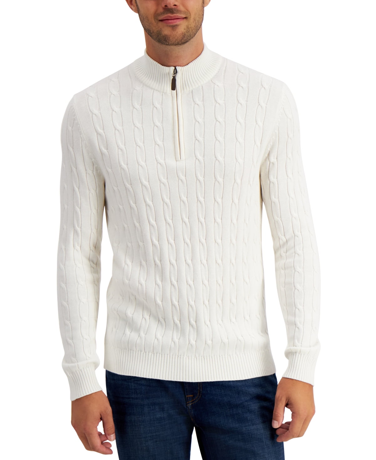 Club Room Men’s Cable Knit Quarter-Zip Cotton Sweater, Light Beige/M ...