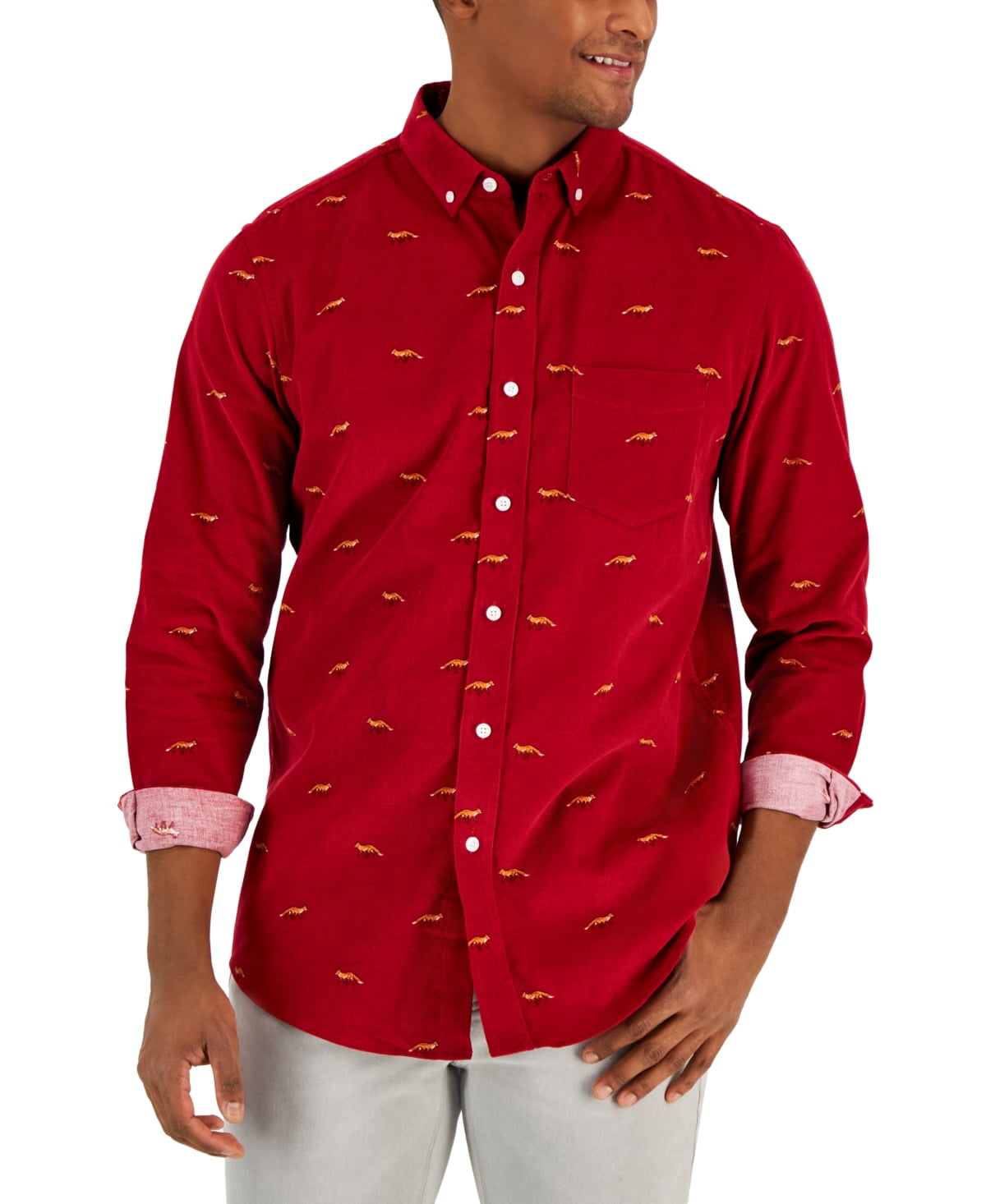 Club Room Men's Long-Sleeve Corduroy Fox PrinT-Shirt Red Size X-Large ...