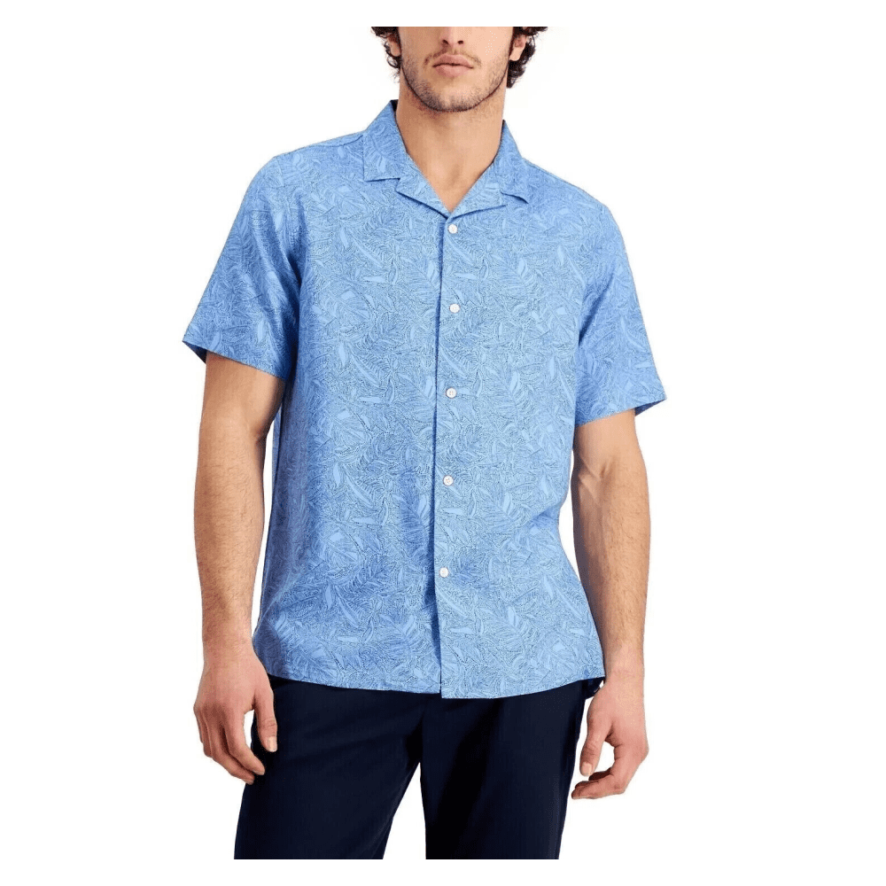 Club Room Men's Regular-Fit Dotted Tropical Camp Shirt, Twinkle Blue ...