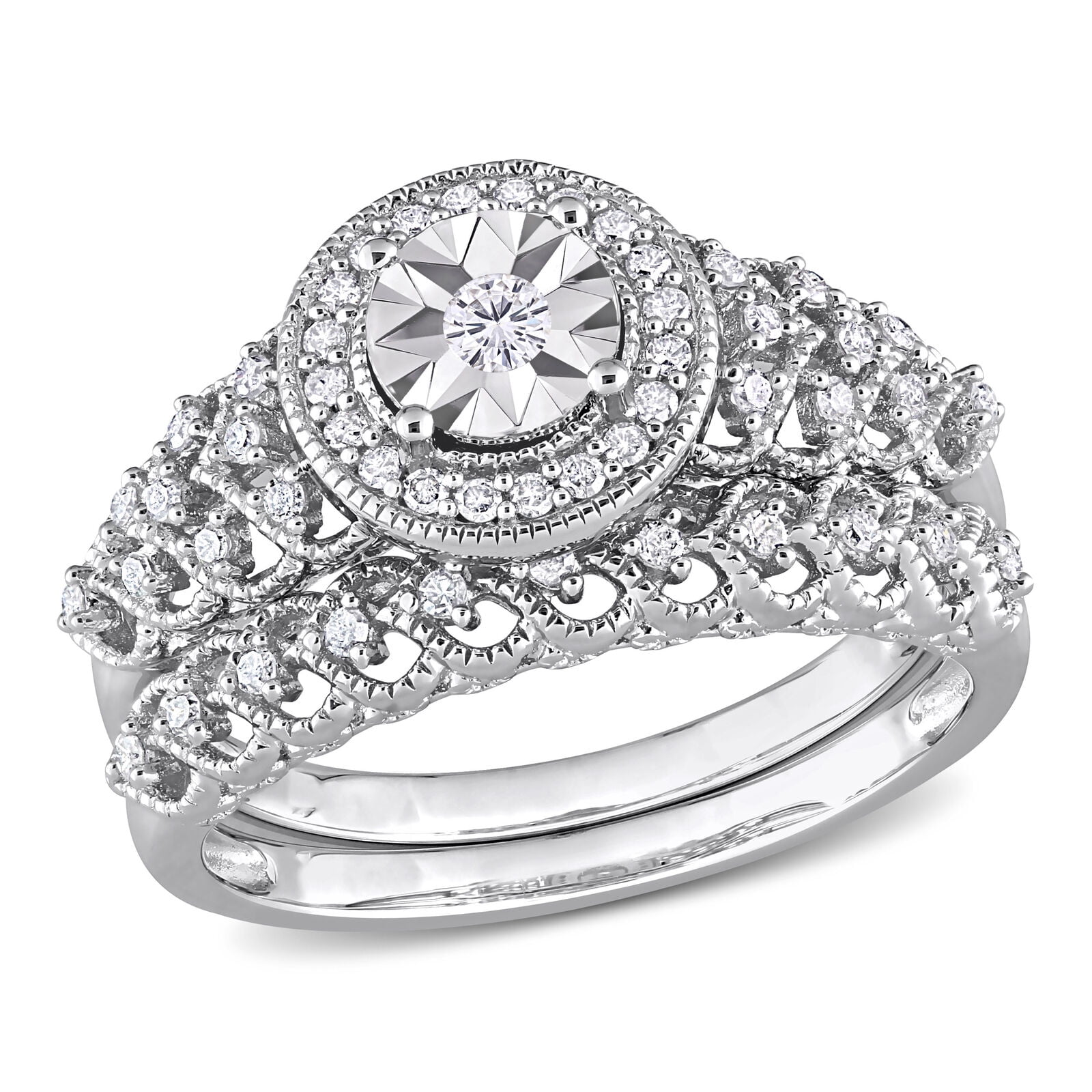 Cluster Diamond Engagement Ring Set, Bride's Illusion Set Diamond ...