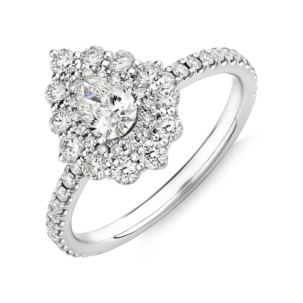 Cluster Engagement Ring, 14K White Gold Plated, Double Halo Wedding ...