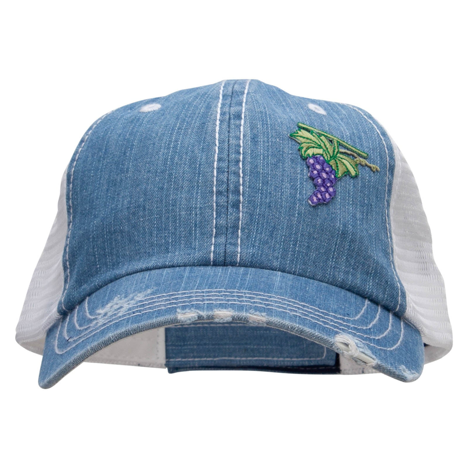 Cluster of Grapes Fruit Patched 6 Panel Denim Frayed Mesh Cap - Denim ...