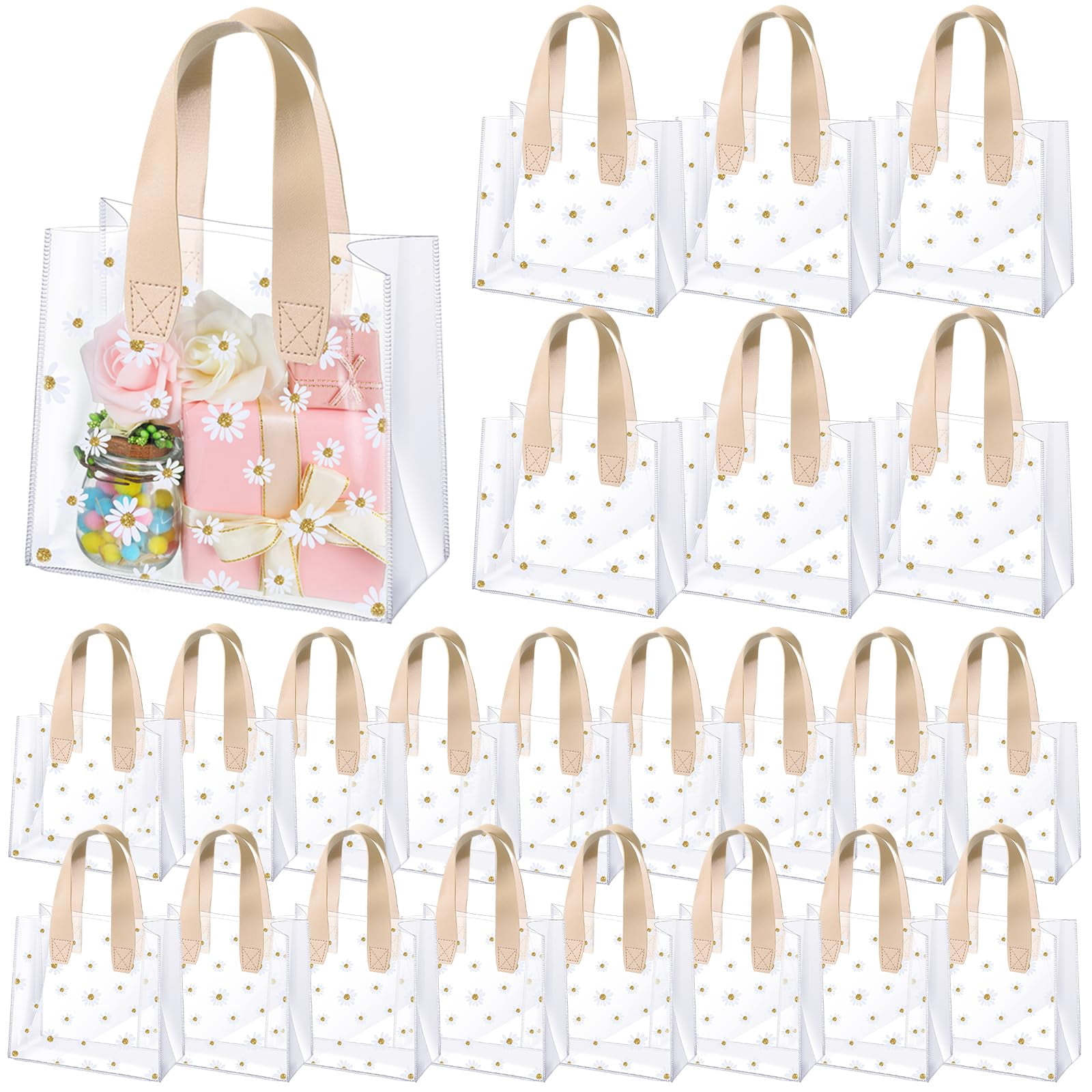 Clysee 24 Pcs Clear RRF12 Gift Bags with Handles Daisy Clear Plastic ...