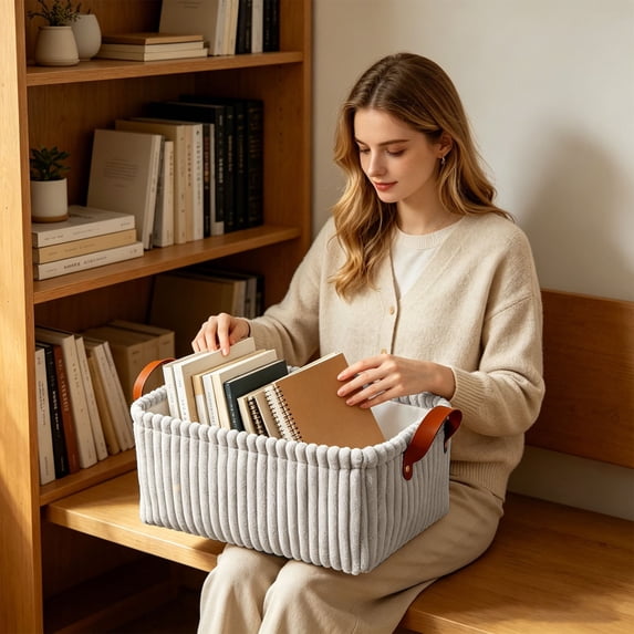 Cmafuca Corduroy Storage Basket With Leather Handles Soft Fabric ...