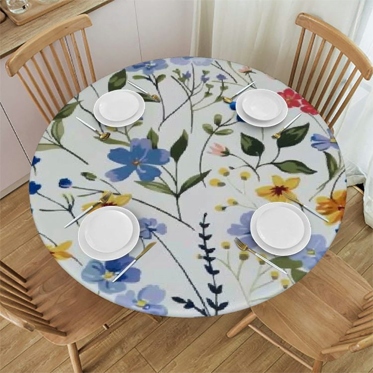 Cmefzd Blue Yellow Floral Leaf Round Tablecloth Summer Spring ...