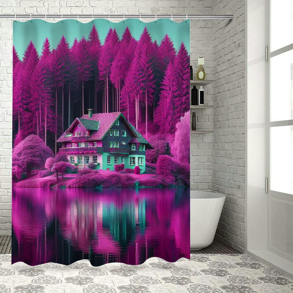 Cmefzd Lavender Shower Curtain, Trees by a Lake Blue Wooden Rustic ...
