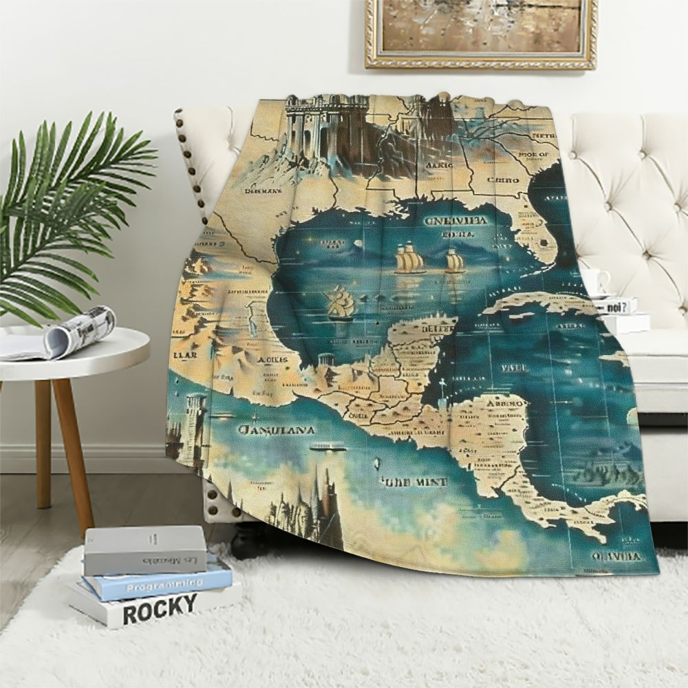Cmefzd Map Throw Blanket North America Map Compass Boat Mountain Trees ...