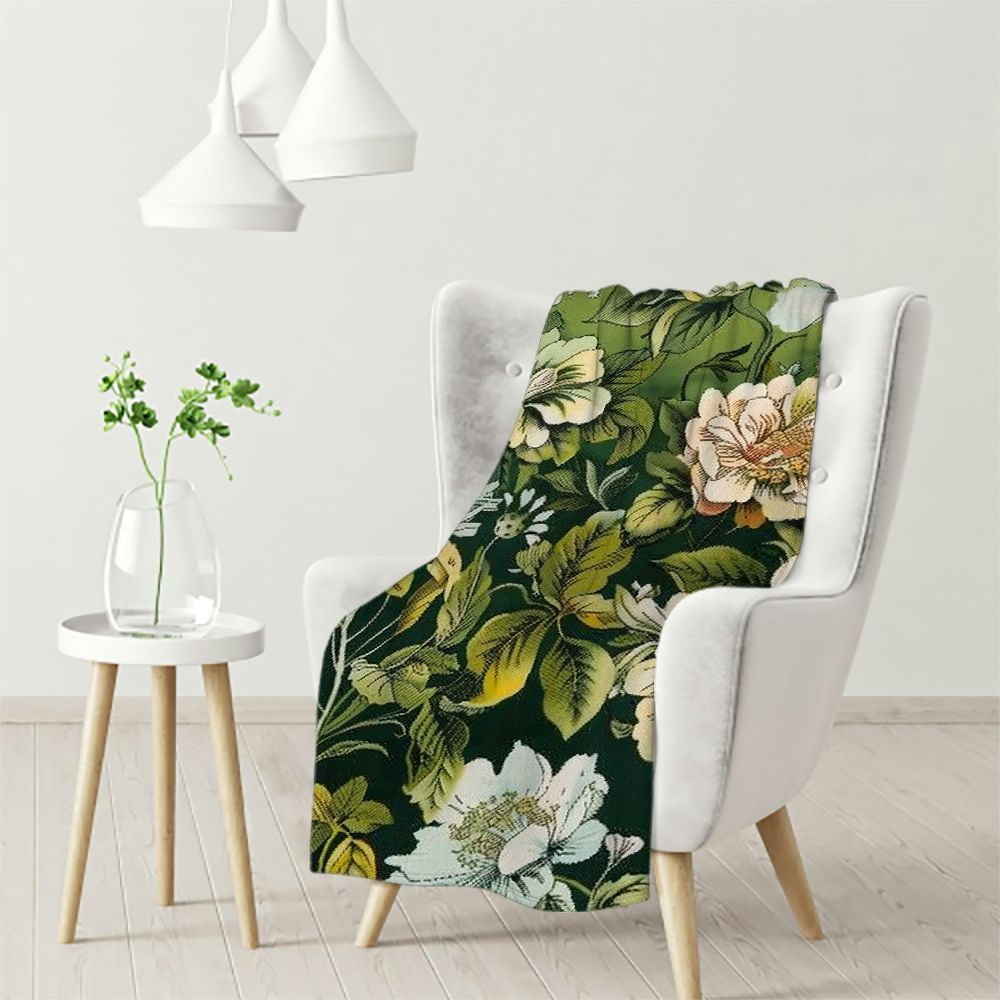 Cmefzd Plush Throw Fleece Blanket Olive Green Botanical Floral Toile