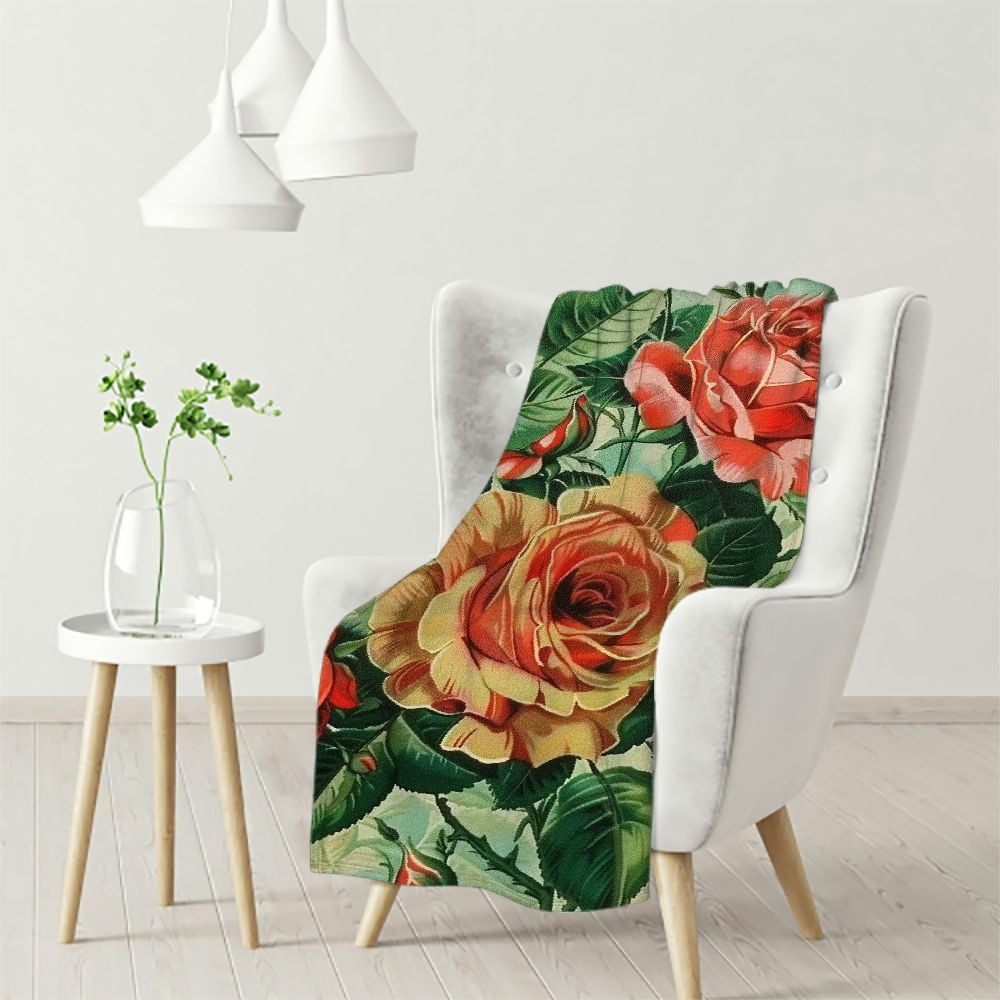 Cmefzd Plush Throw Fleece Blanket Red Rose Floral Flannel Blanket Warm