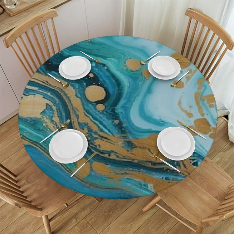 Cmefzd Teal and Gold Marble Round Table Cloth, Elastic Edged Fitted ...
