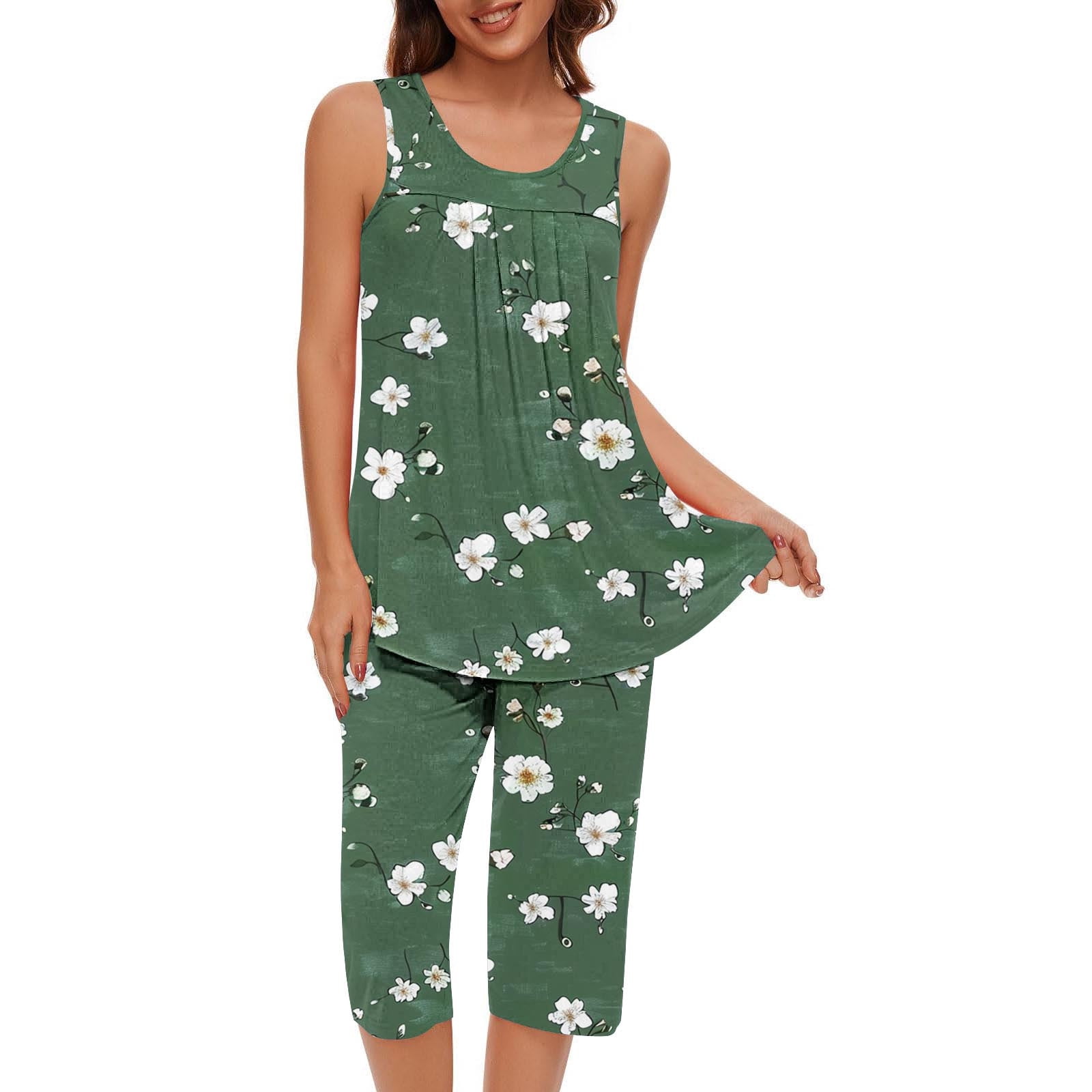 Cmfcve 2 Piece Outfit Women's Floral Print Sleeveless Pajama Sets ...