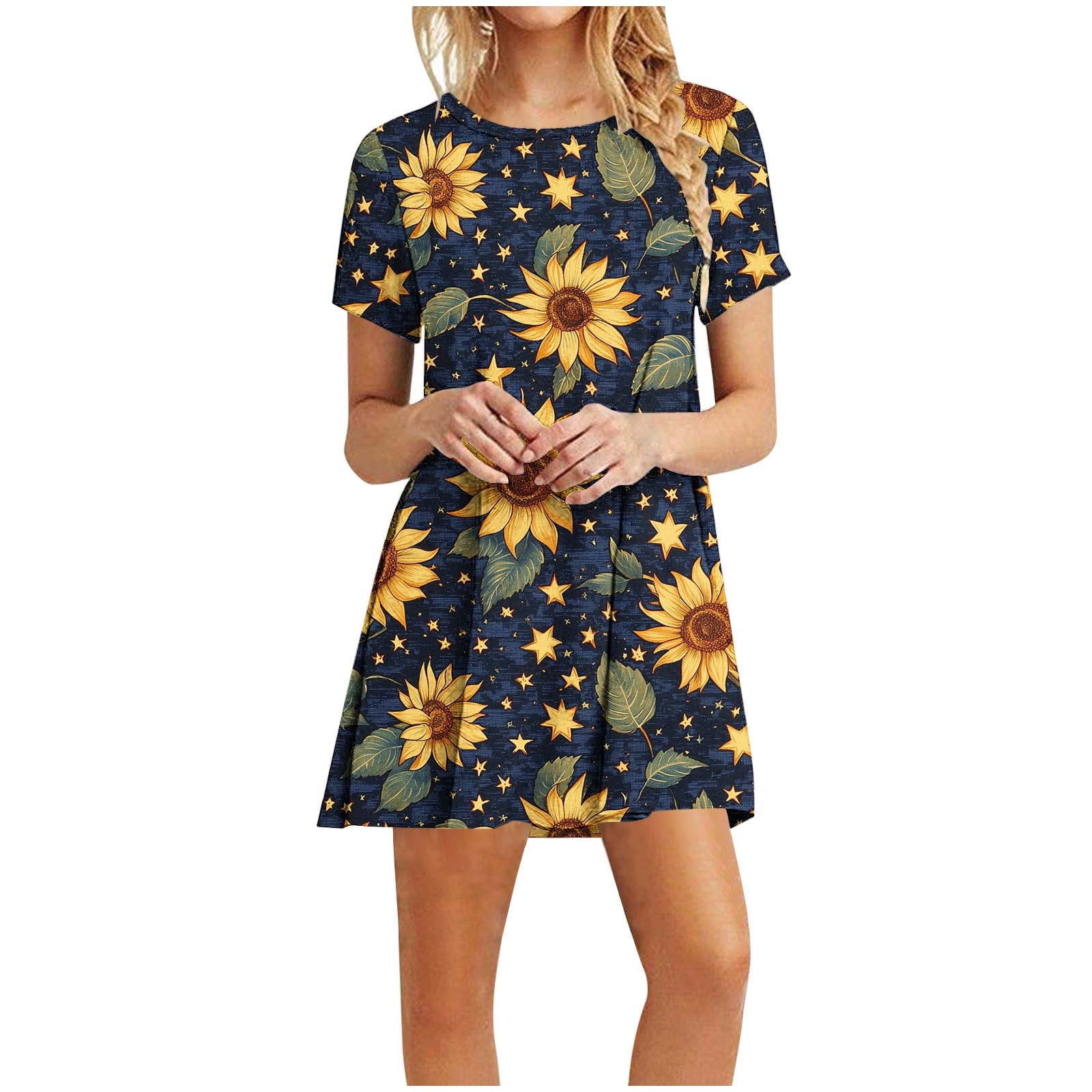 Cmfcve American Flag Star Mini Dress Short Sleeve Round Neck Stars ...