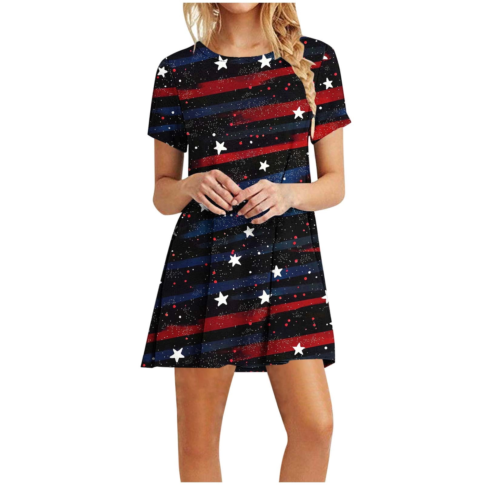 Cmfcve American Flag Star Mini Dress Short Sleeve Round Neck Stars ...
