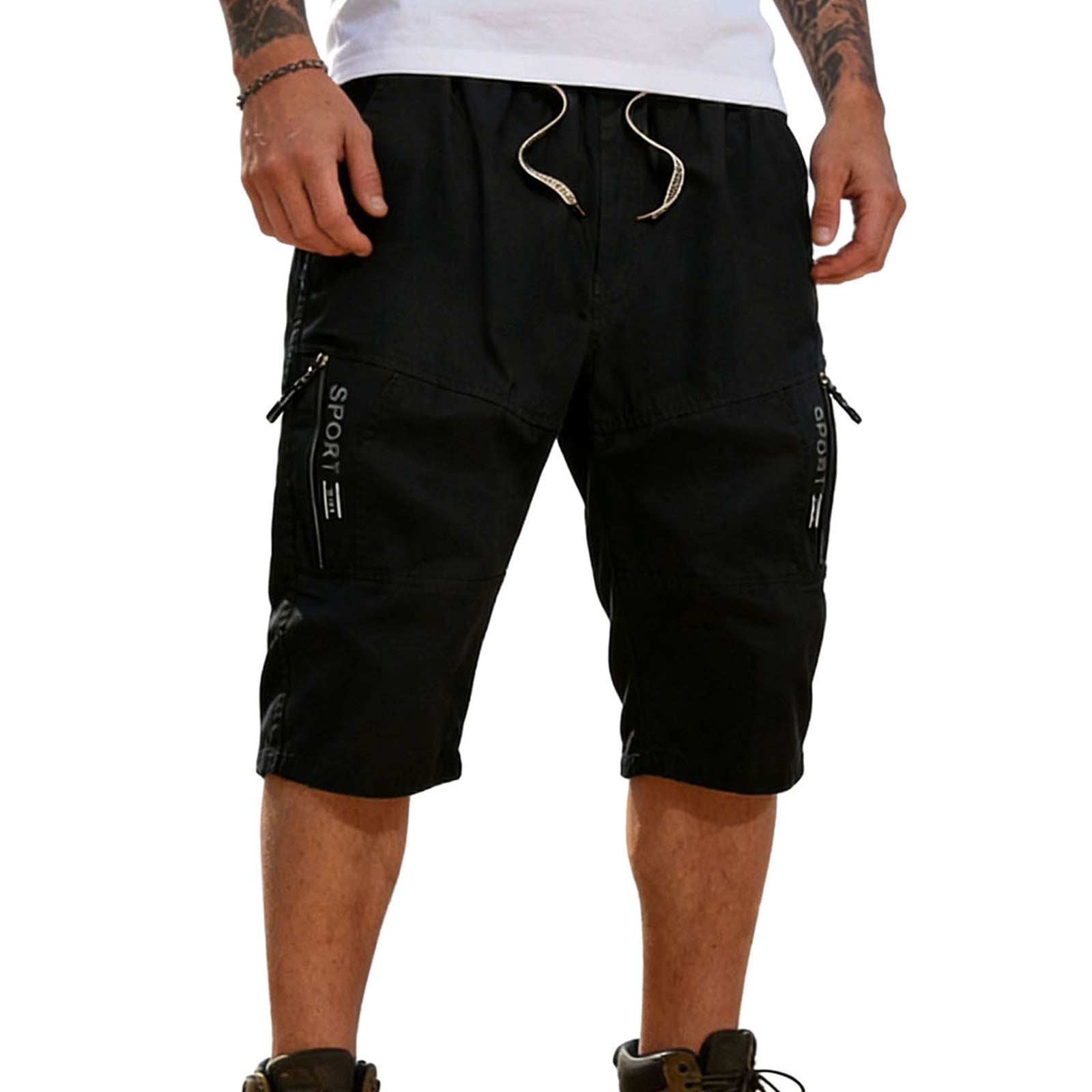 Cmfcve Cargo Capri Pants for Men Elastic Waist Drawstring Below Knee ...