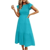 Cmfcve Dress for Women Round-Neck Pleated Maxi Dresses Short Sleeve ...