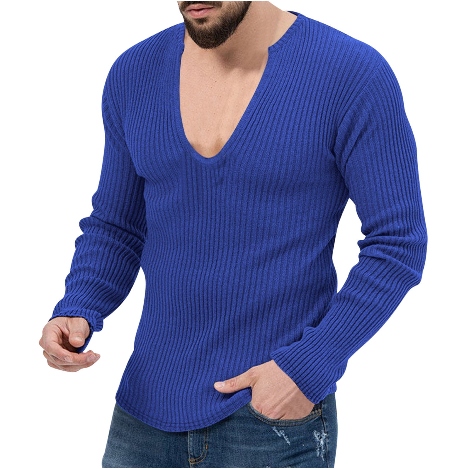 Cmfcve Men V-Neck Long Sleeve T-Shirts Plus Size Knit Thin Tops Loose ...