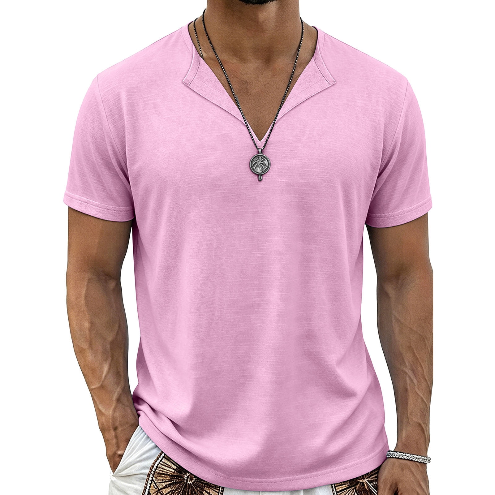 Cmfcve Men's V Neck Short Sleeve T Shirt Casual Notch Neck Solid Color ...