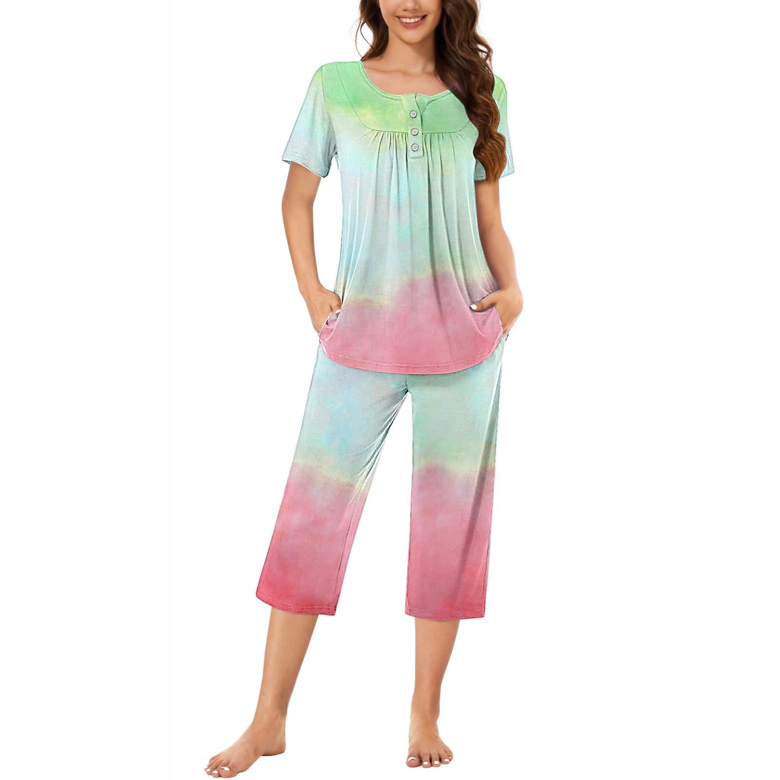 Cmfcve Pajama Sets for Women Tie-Dye Printed Button-Up Pleated Lounge ...