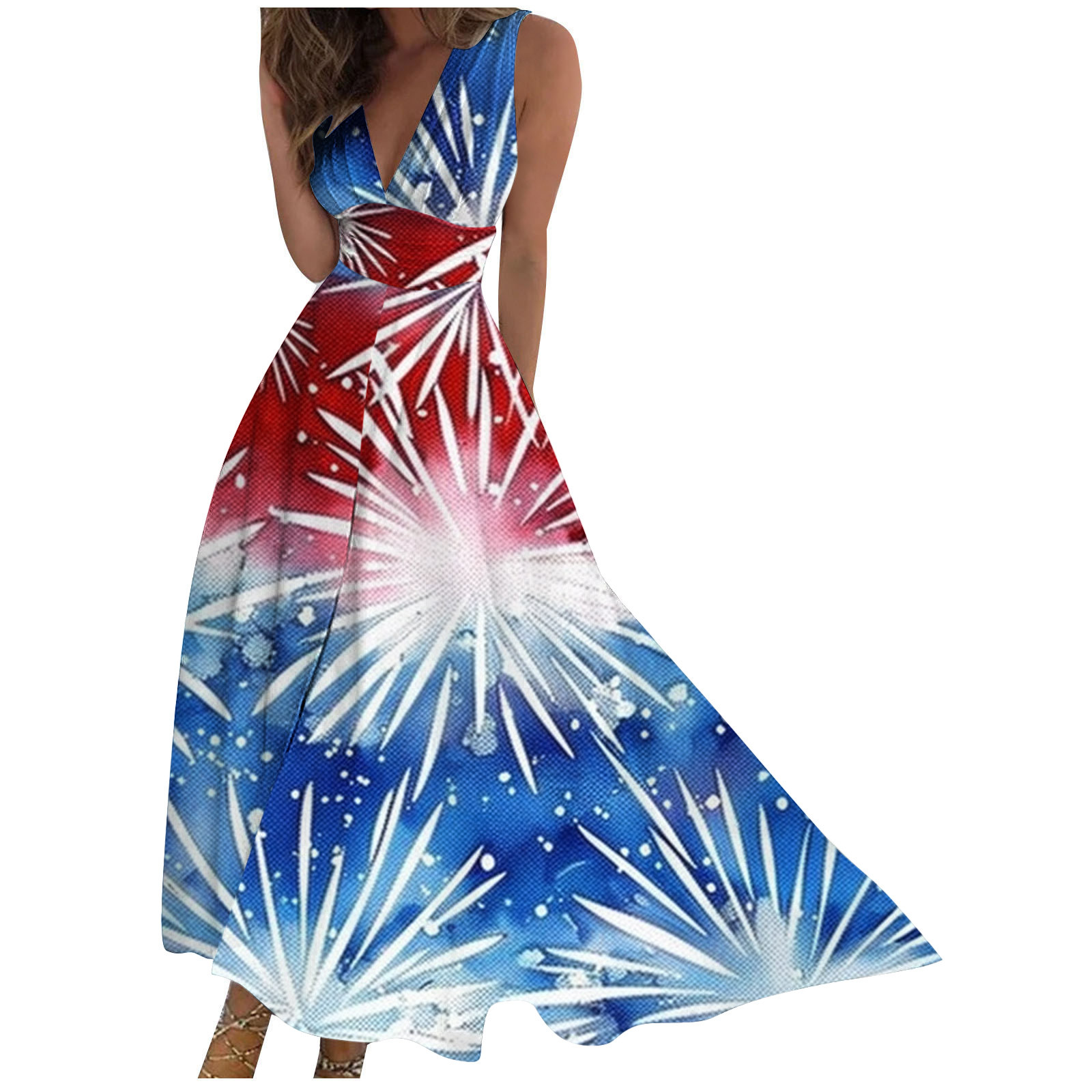 Cmfcve Patriotic Dress for Women Sleeveless Deep-V Neck Independence ...