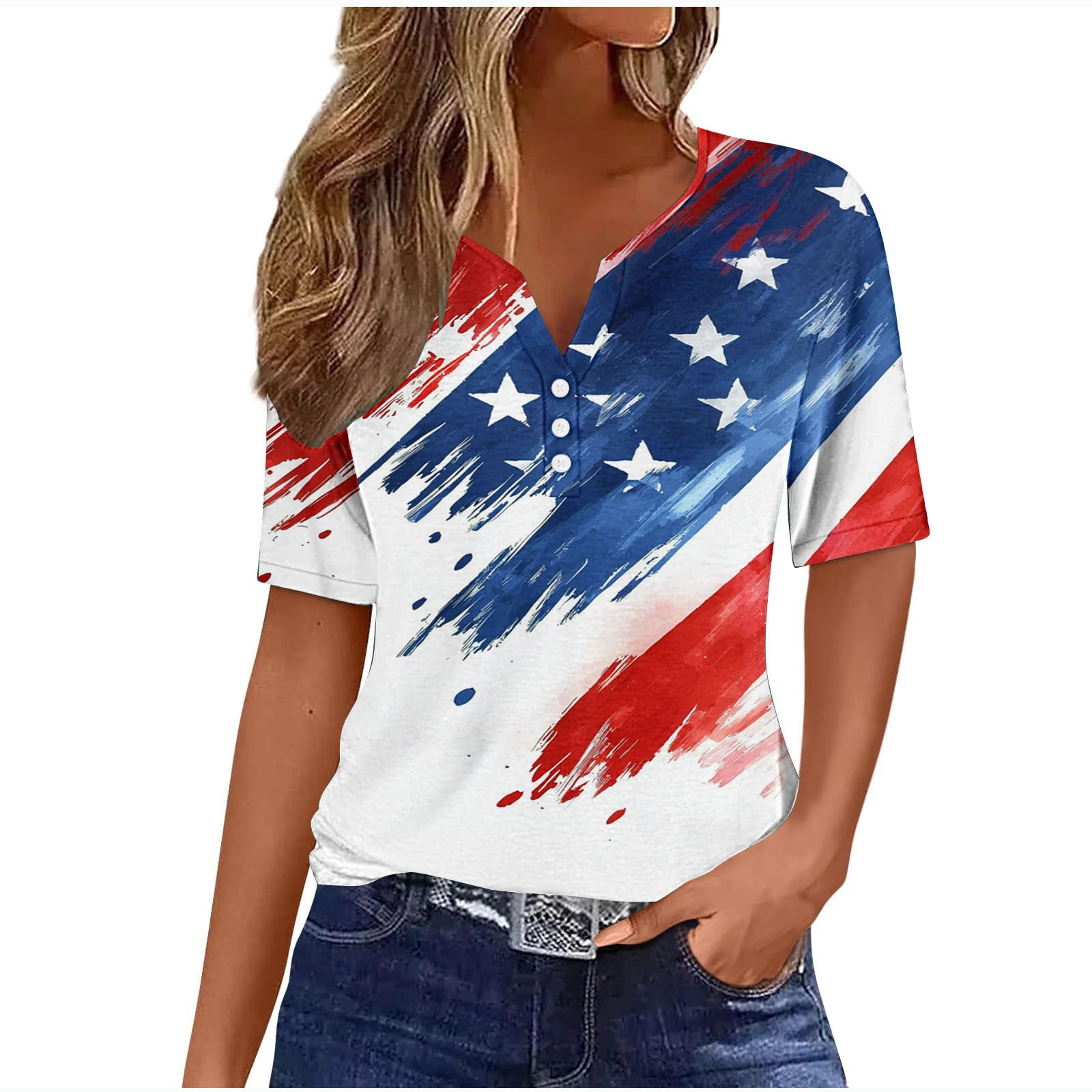 Cmfcve Patriotic Shirts for Women Short Sleeve V-neck Independence Day ...