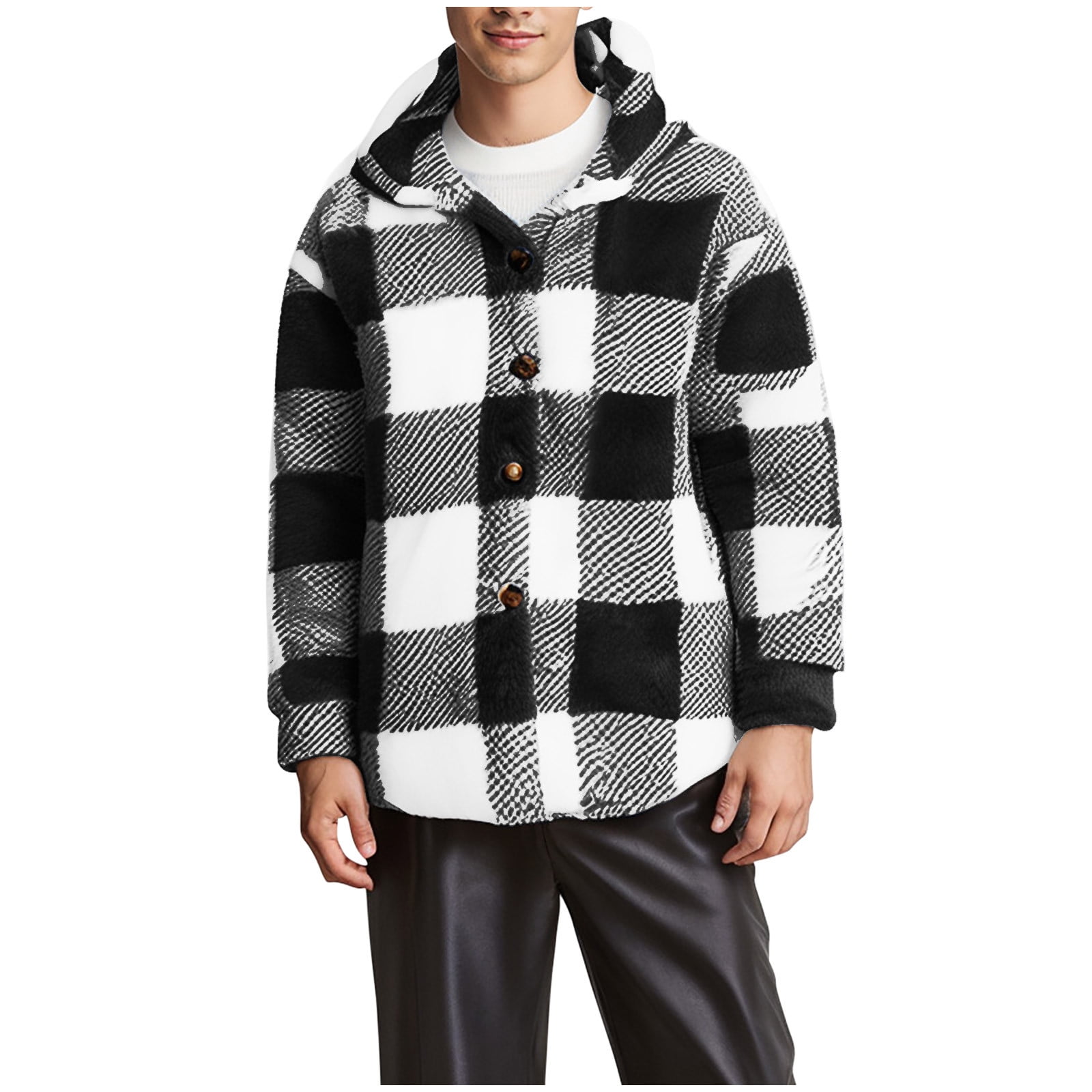 Cmfcve Plaid Hooded Jacket for Men Double Fleece Button-Up Hoodies Coat ...